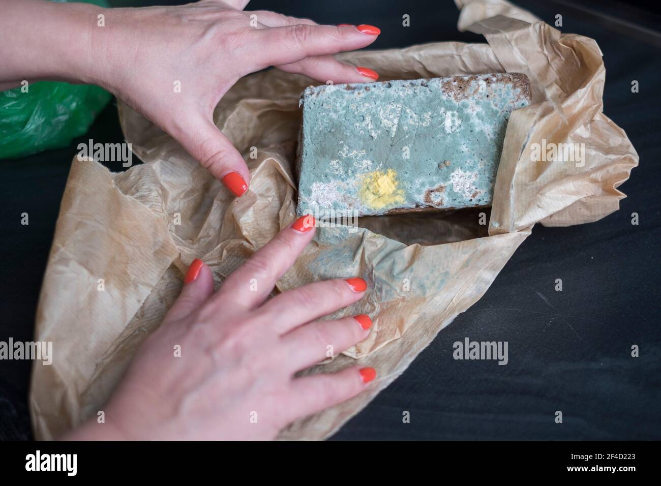Female hands with mnicured nails on a stale moldy bread, shallow dof ...