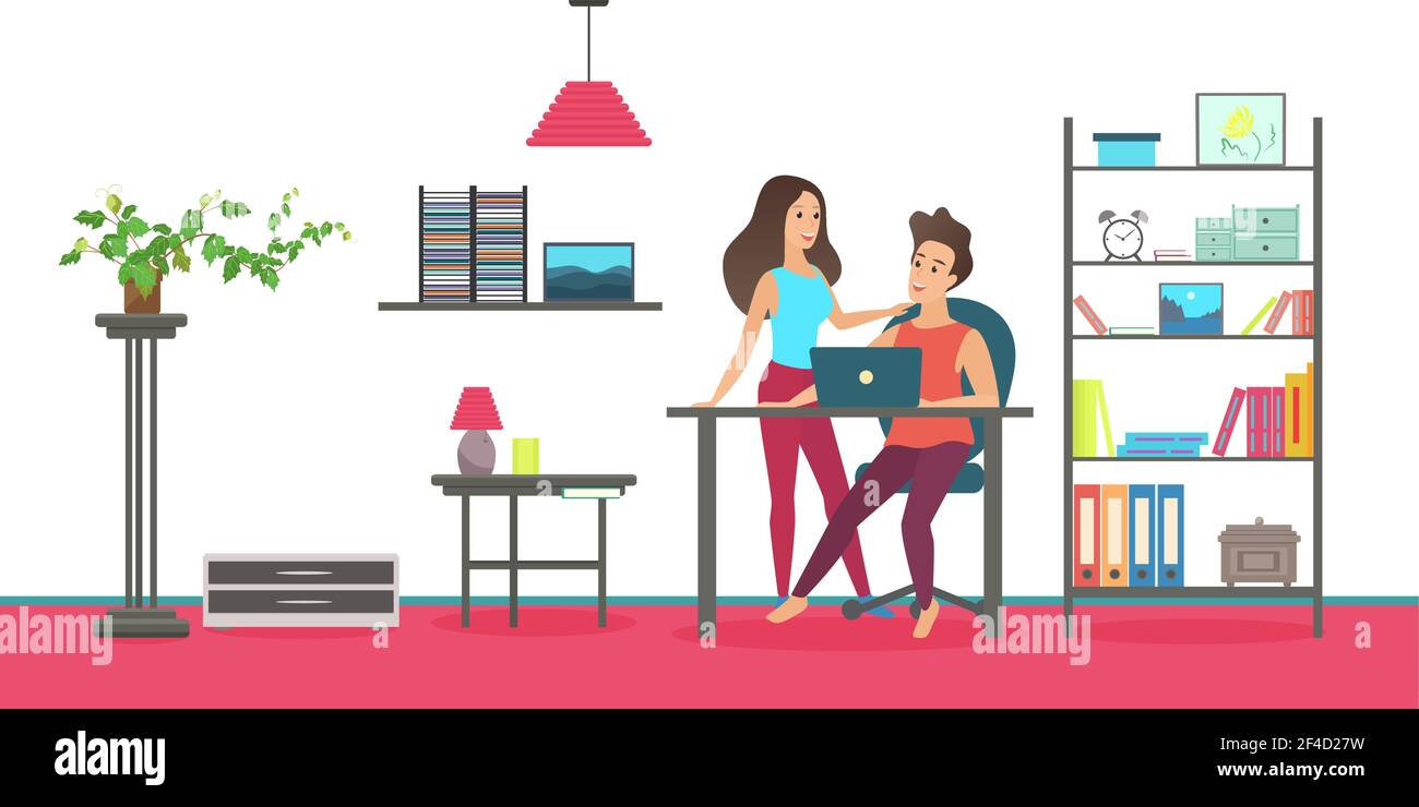 Happy people talk, spend time at home interior, couple talking ...