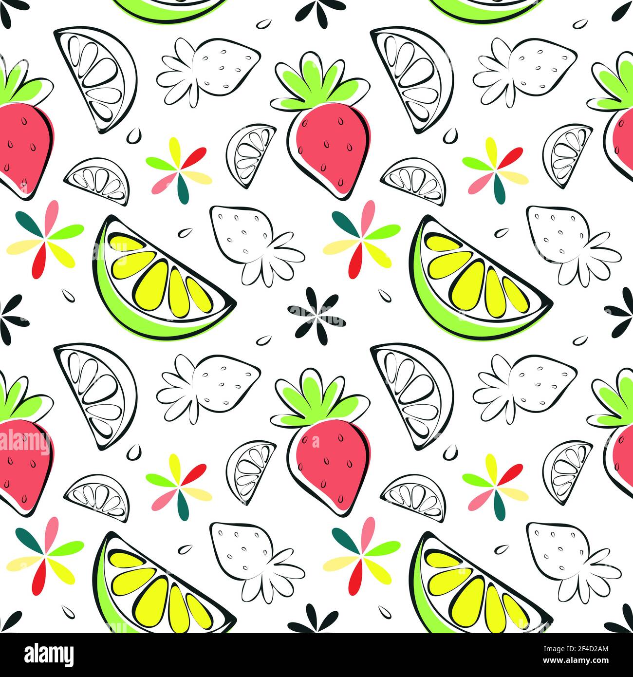 Vector summer fruits seamless pattern, sketch hand drawn lemon slice ...