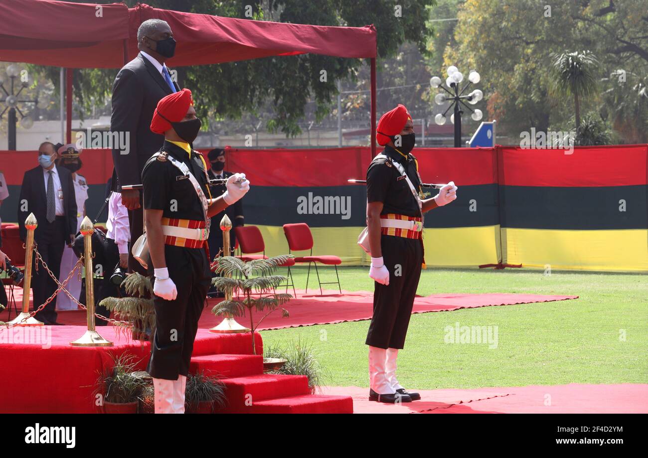 U.S. Defense Secretary Lloyd James Austin wearing a face mask as he ...
