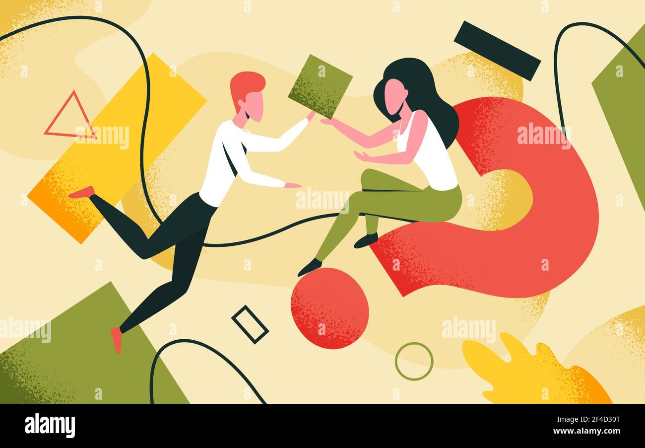 Business geometry, teamwork concept vector illustration. Cartoon tiny woman character sitting on ...