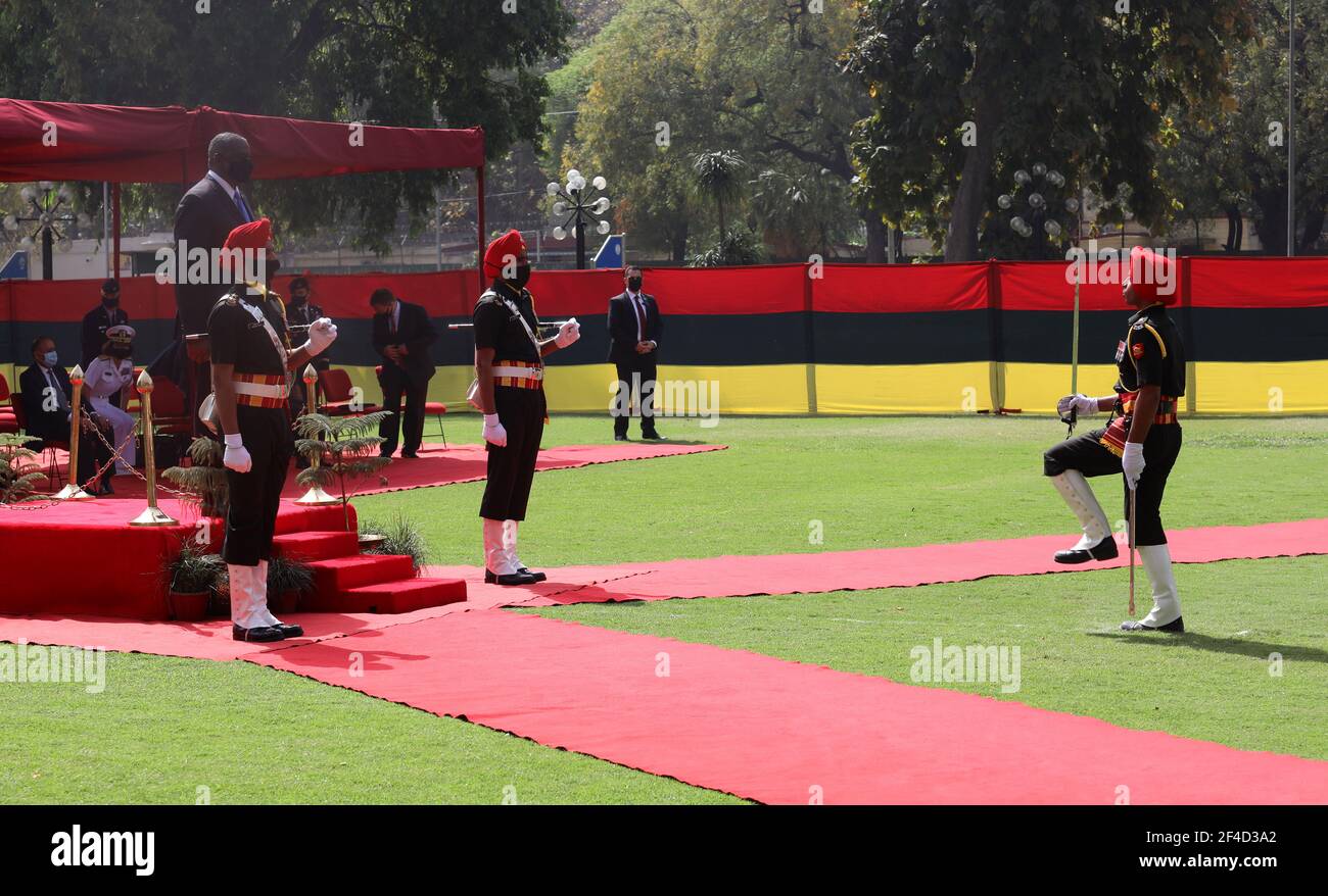 U.S. Defense Secretary Lloyd James Austin wearing a face mask as he ...