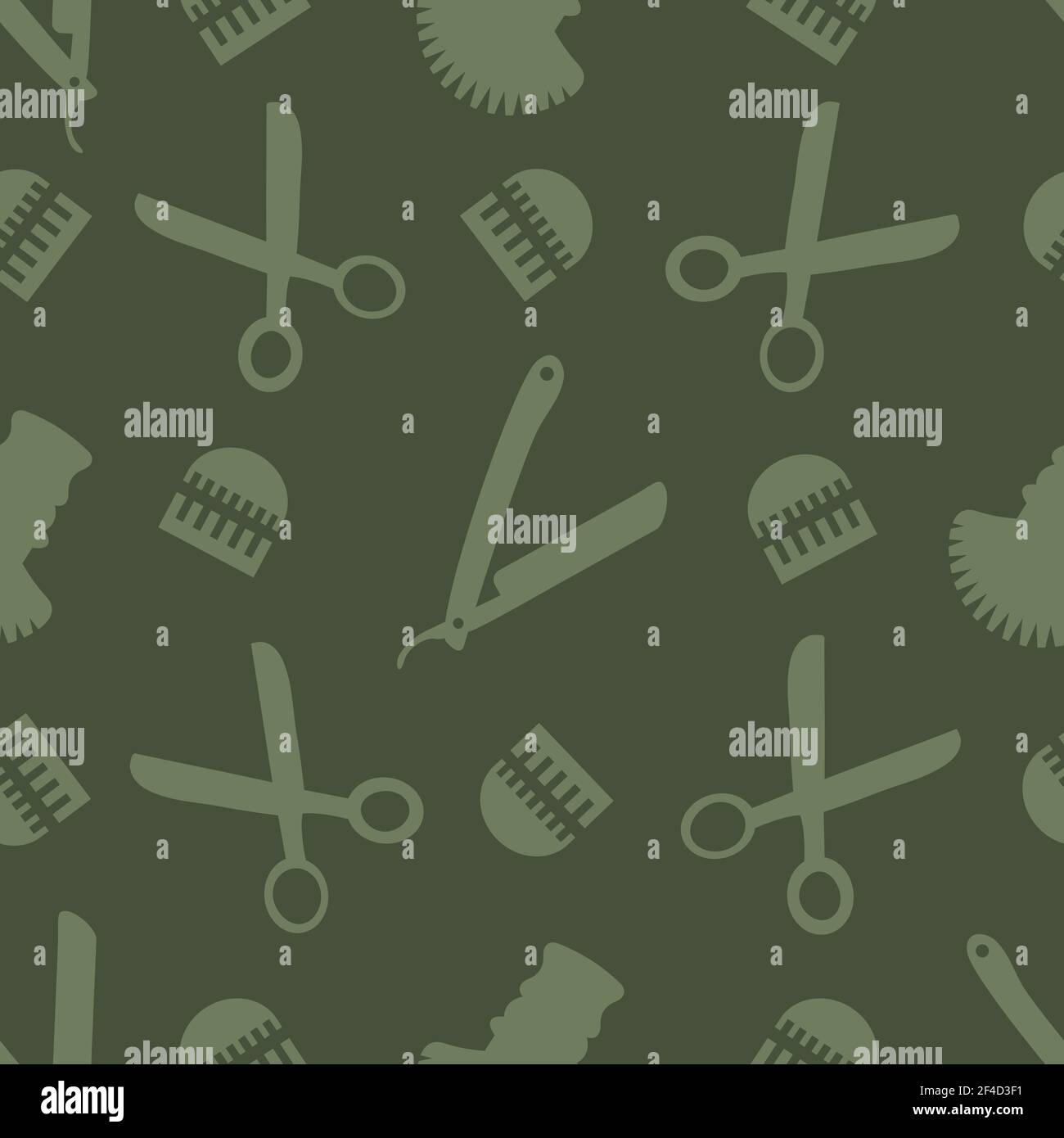 Barber shop tools vector seamless pattern background. Monochrome sage ...