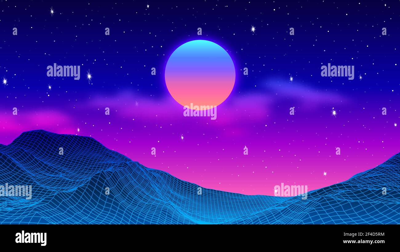 80s synthwave styled landscape with blue grid mountains peak and sun ...