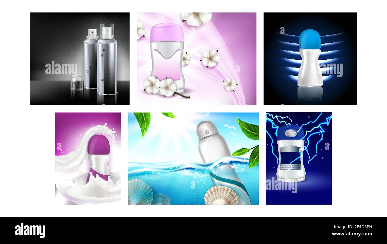 Deodorant Antiperspirant Promo Posters Set Vector Illustration Stock ...