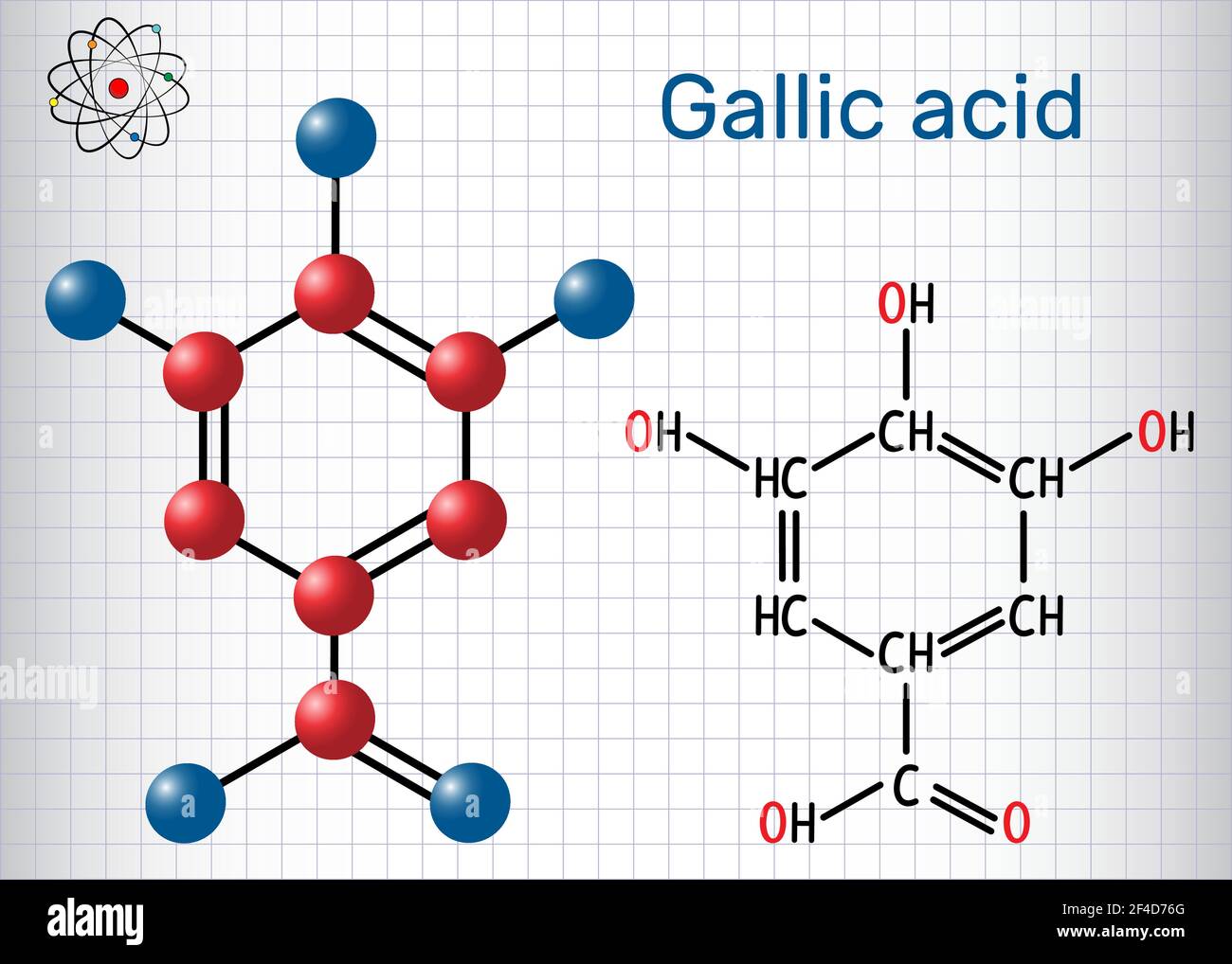 Gallic acid trihydroxybenzoic acid molecule, is phenolic acid. Sheet of ...