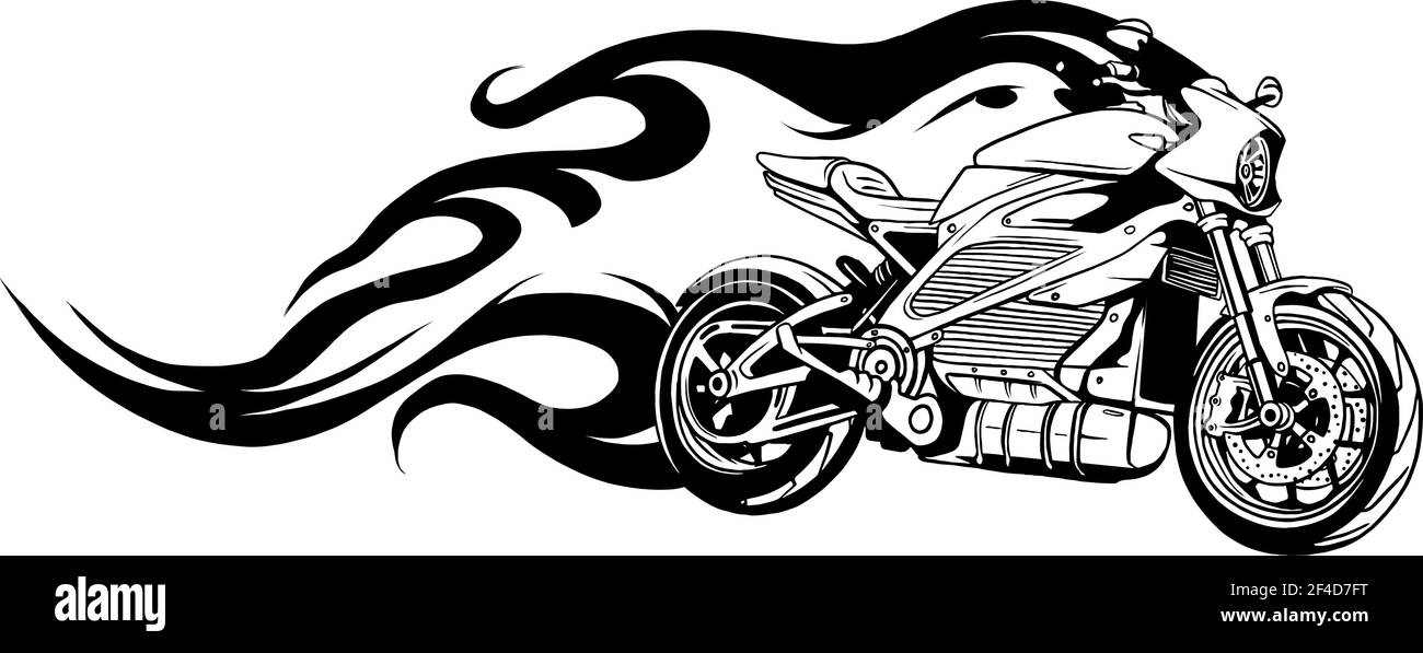 draw in black and white of Motorcycle Racing on fire Vector ...