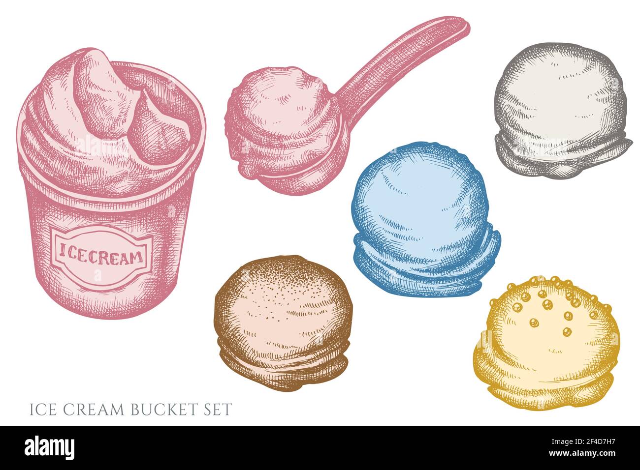Vector set of hand drawn pastel ice cream bucket, ice cream scoop, ice ...