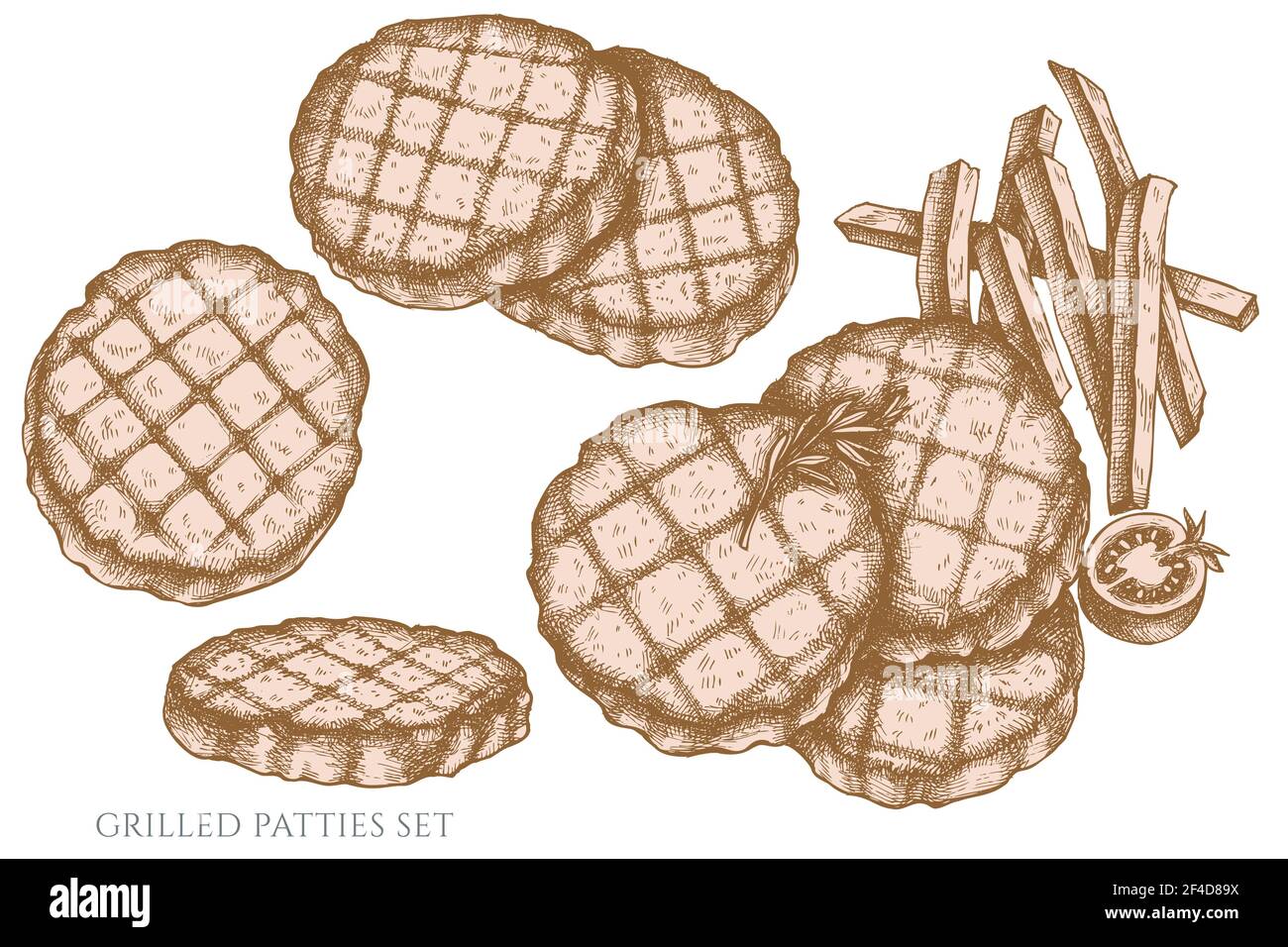 Vector set of hand drawn pastel grilled burger patties Stock Vector ...