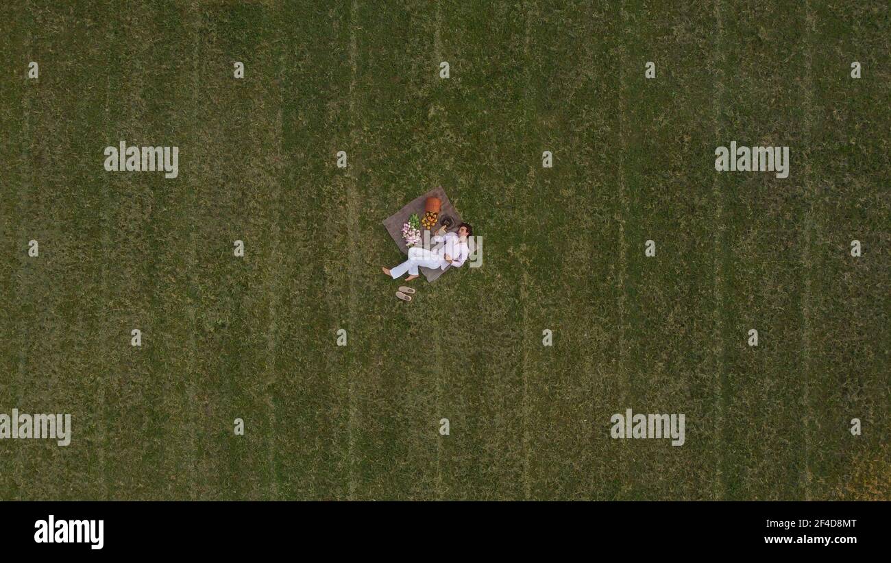Aerial view of young man lying on picnic blanket and reading book ...