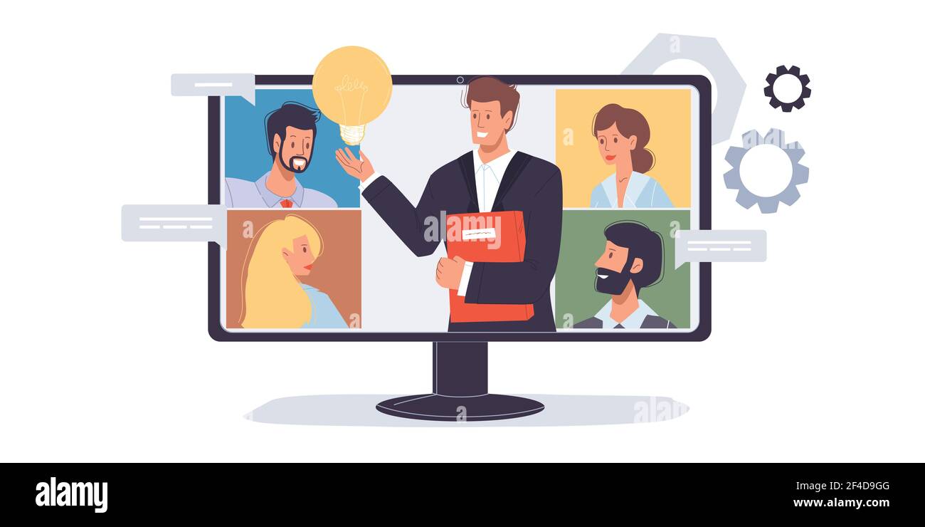 Cartoon flat man character communicates in computer app,vector ...