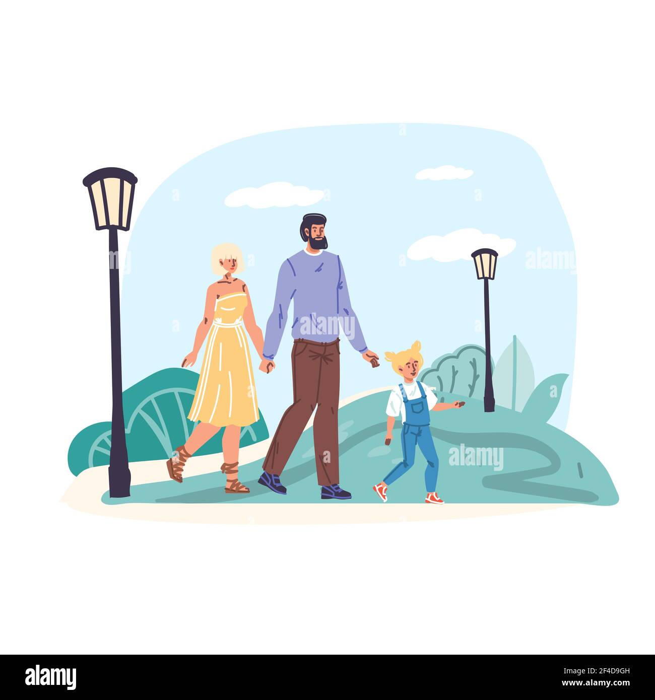 Flat cartoon family characters parents and kid on stroll vector ...