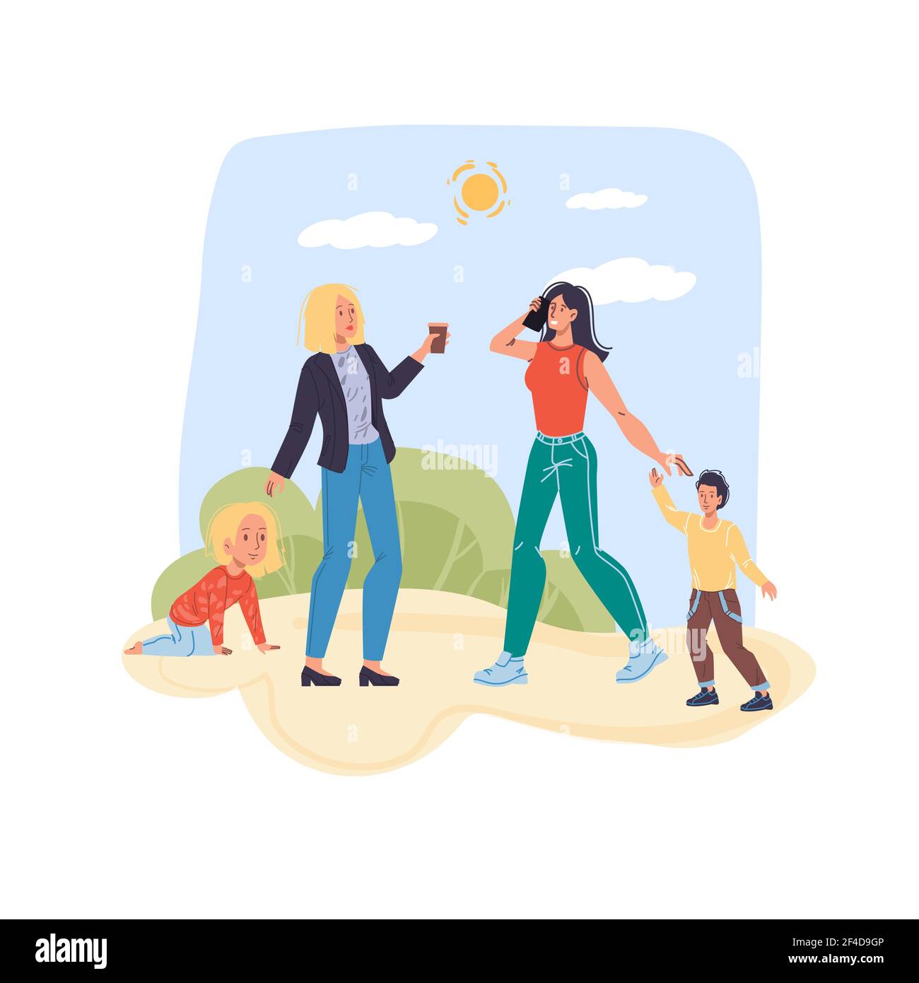 Flat cartoon family characters young moms and kids on stroll vector ...