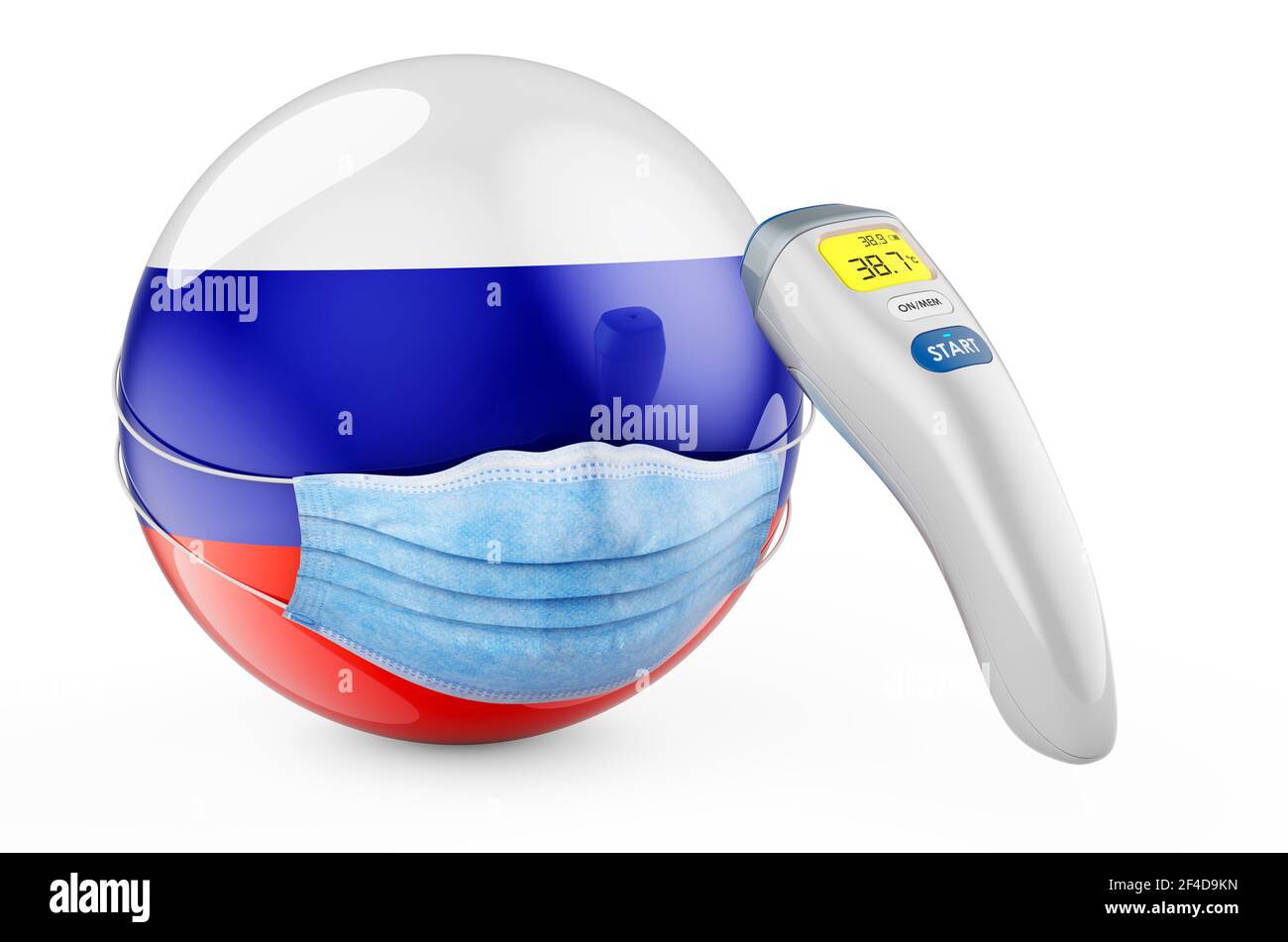 Russian flag with medical mask and infrared electronic thermometer ...