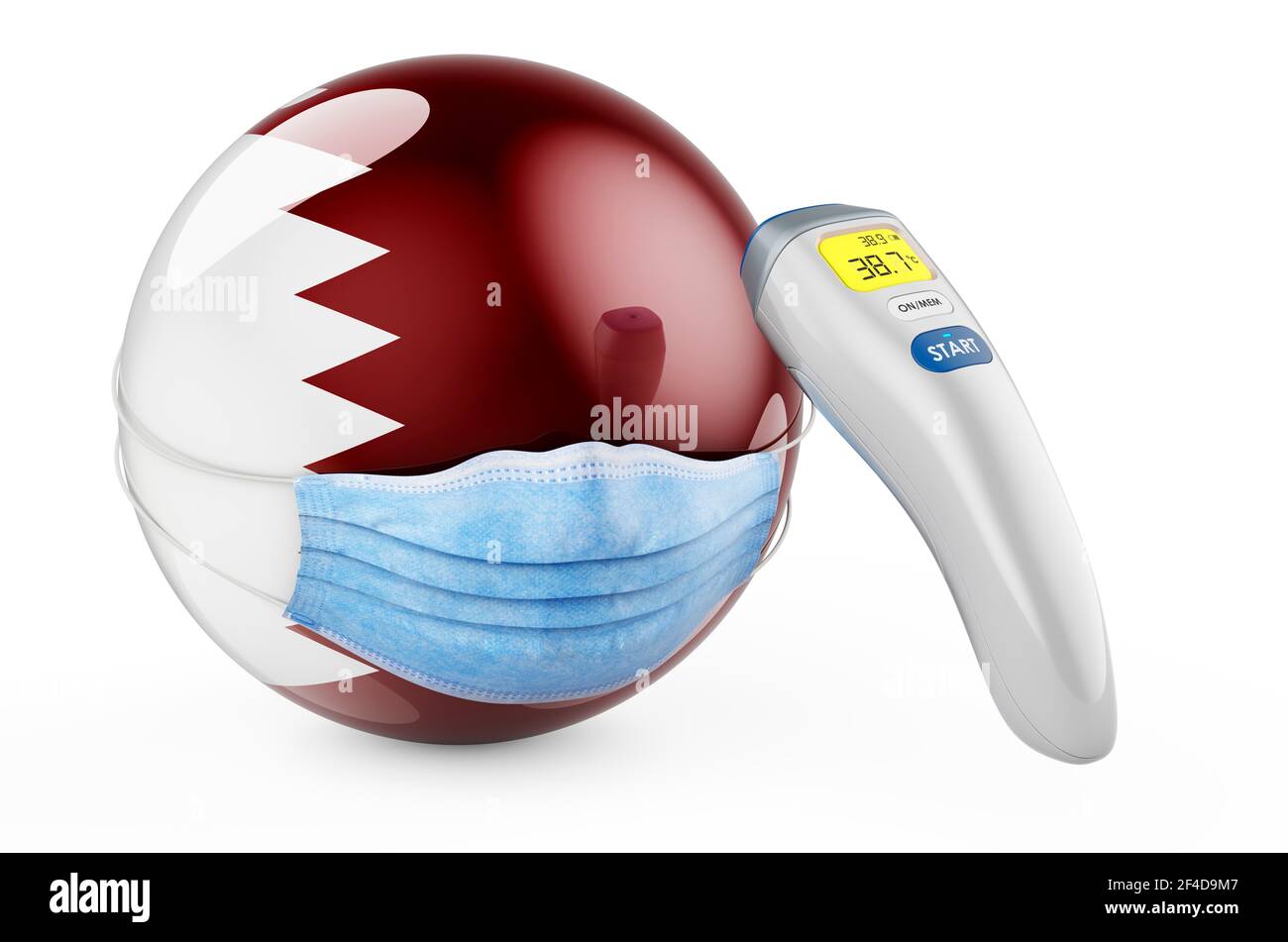Qatari flag with medical mask and infrared electronic thermometer ...