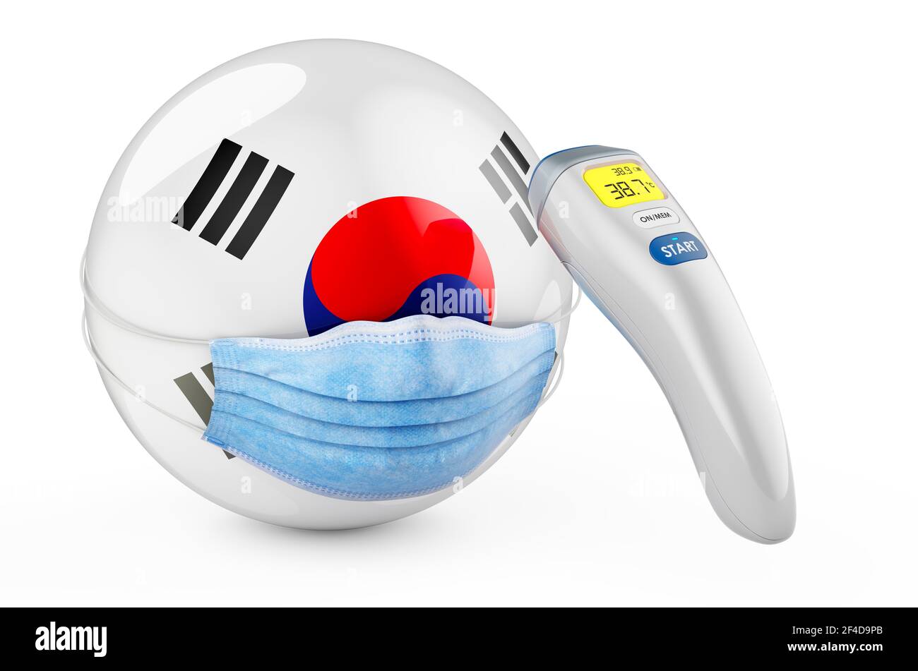 South Korean flag with medical mask and infrared electronic thermometer ...