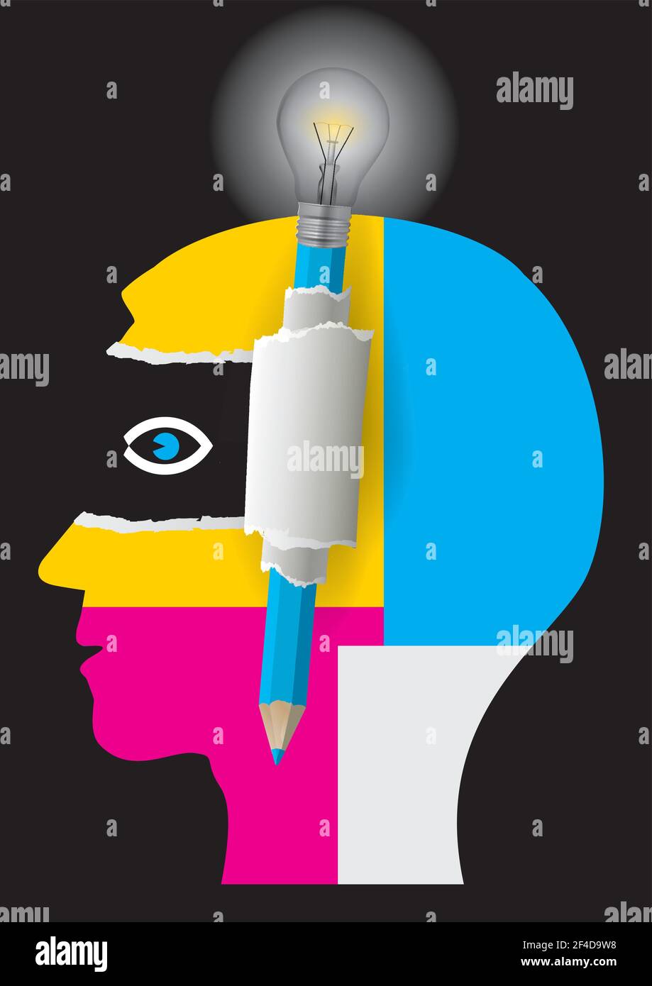 Man, graphic designer,creativity concept. Male paper head in profile ...
