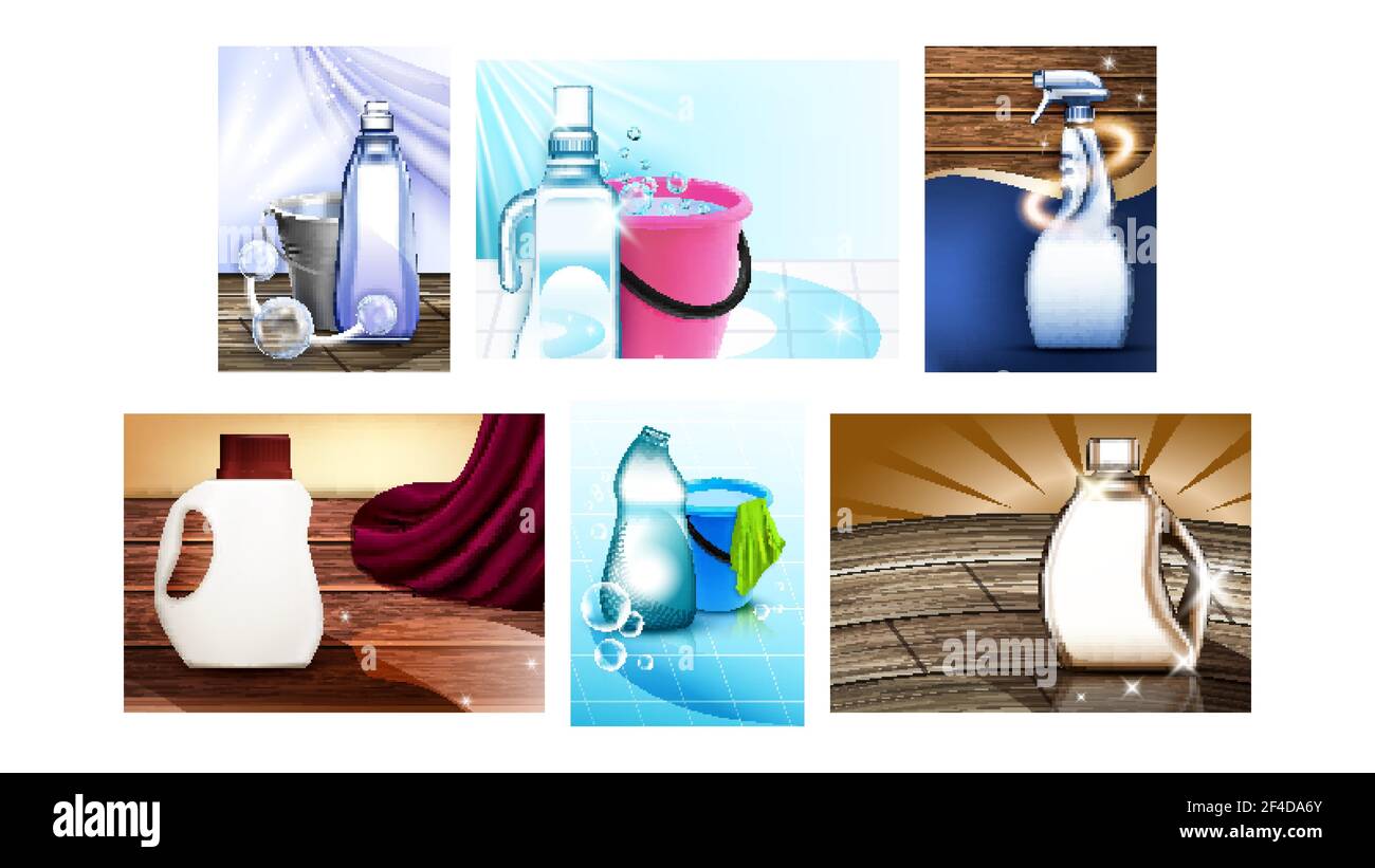 Floor Cleaner Creative Promo Posters Set Vector Illustration Stock ...