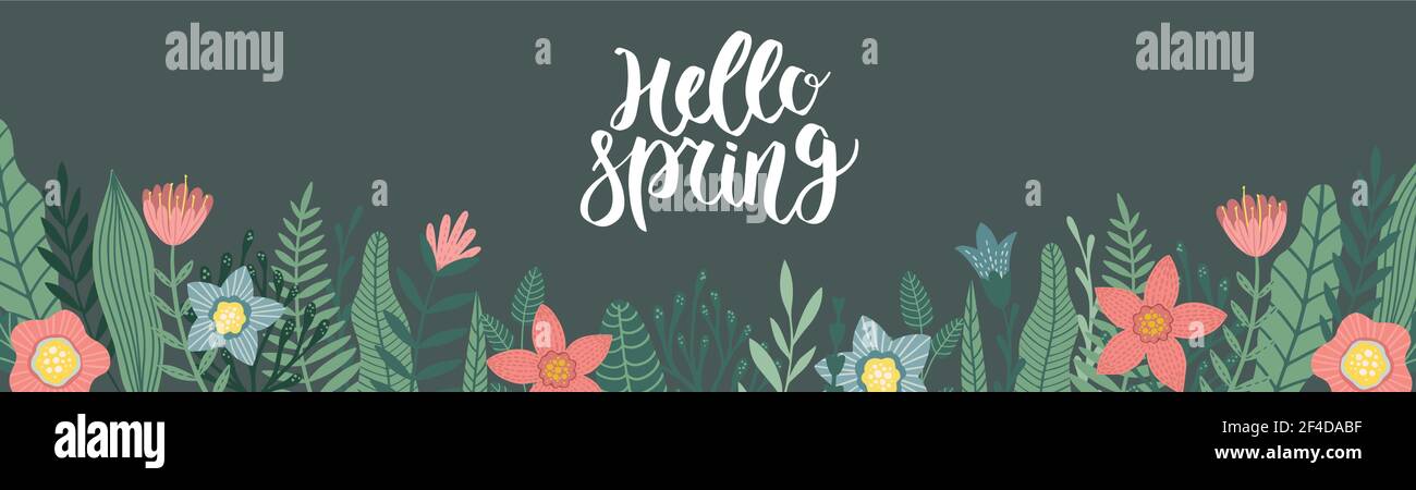 Vector spring banner with copy space for text. Flower designs in flat ...