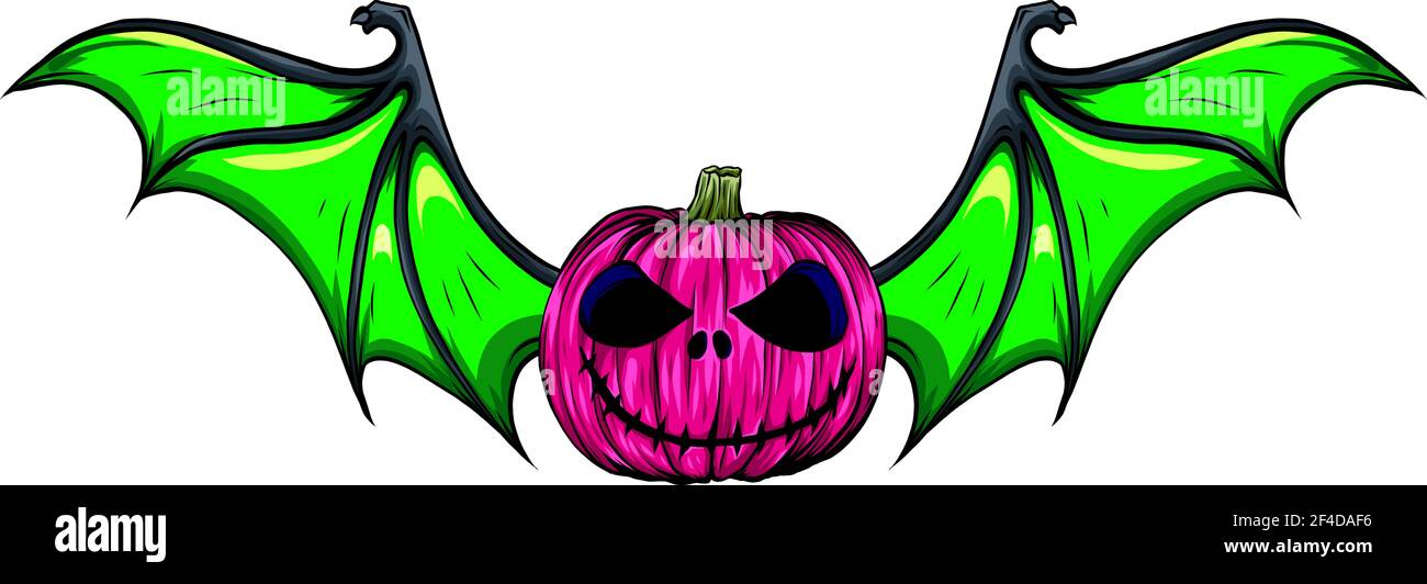 Halloween pink pumpkin with green bat wings vector illustration Stock ...