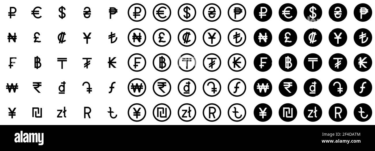 Currency signs of different countries. Set of black currency symbols ...