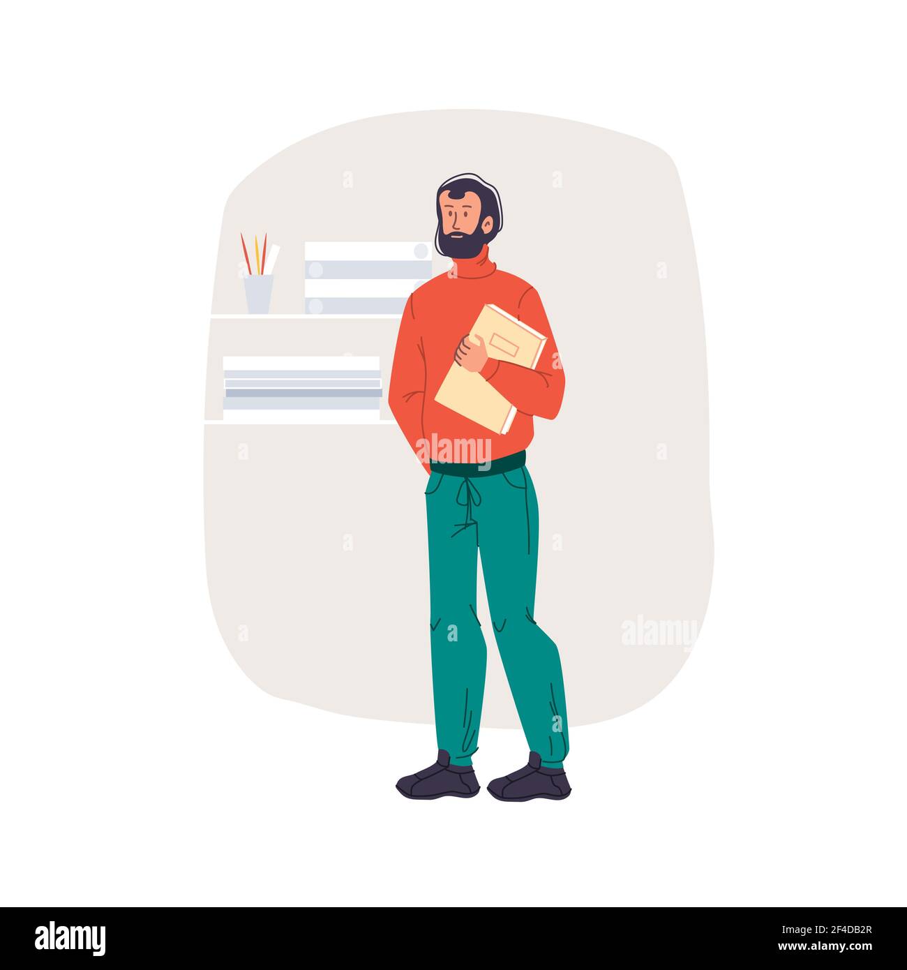Flat cartoon man character stands on interior background,vector ...