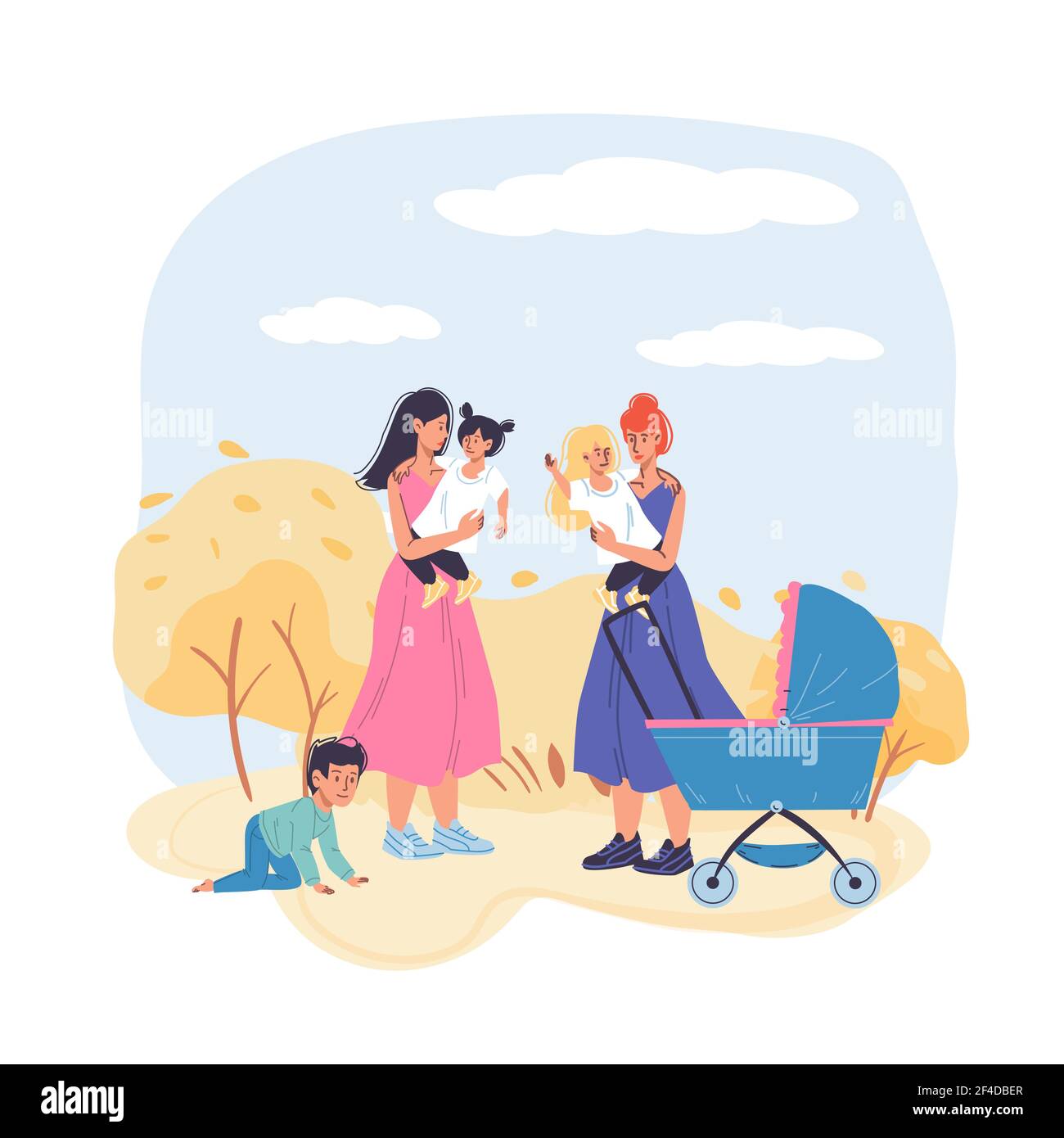 Flat cartoon family characters young moms and kids on stroll vector ...