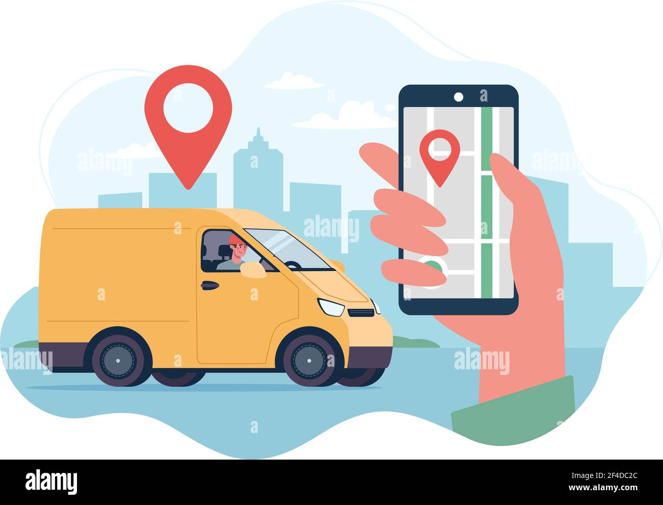 Home delivery service concept. Delivery van, courier on a truck ...