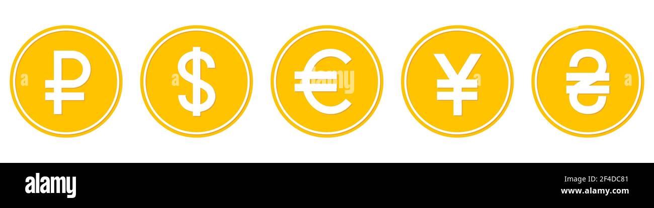Currency signs of different countries. Set of golden coins. World ...