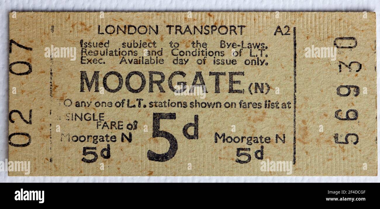 1950s London Transport Underground or Tube Train Ticket from Moorgate ...