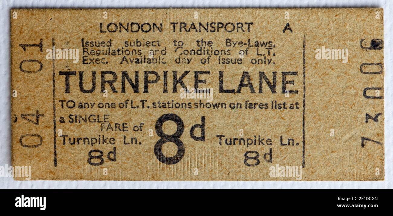 1950s London Transport Underground or Tube Train Ticket from Turnpike ...