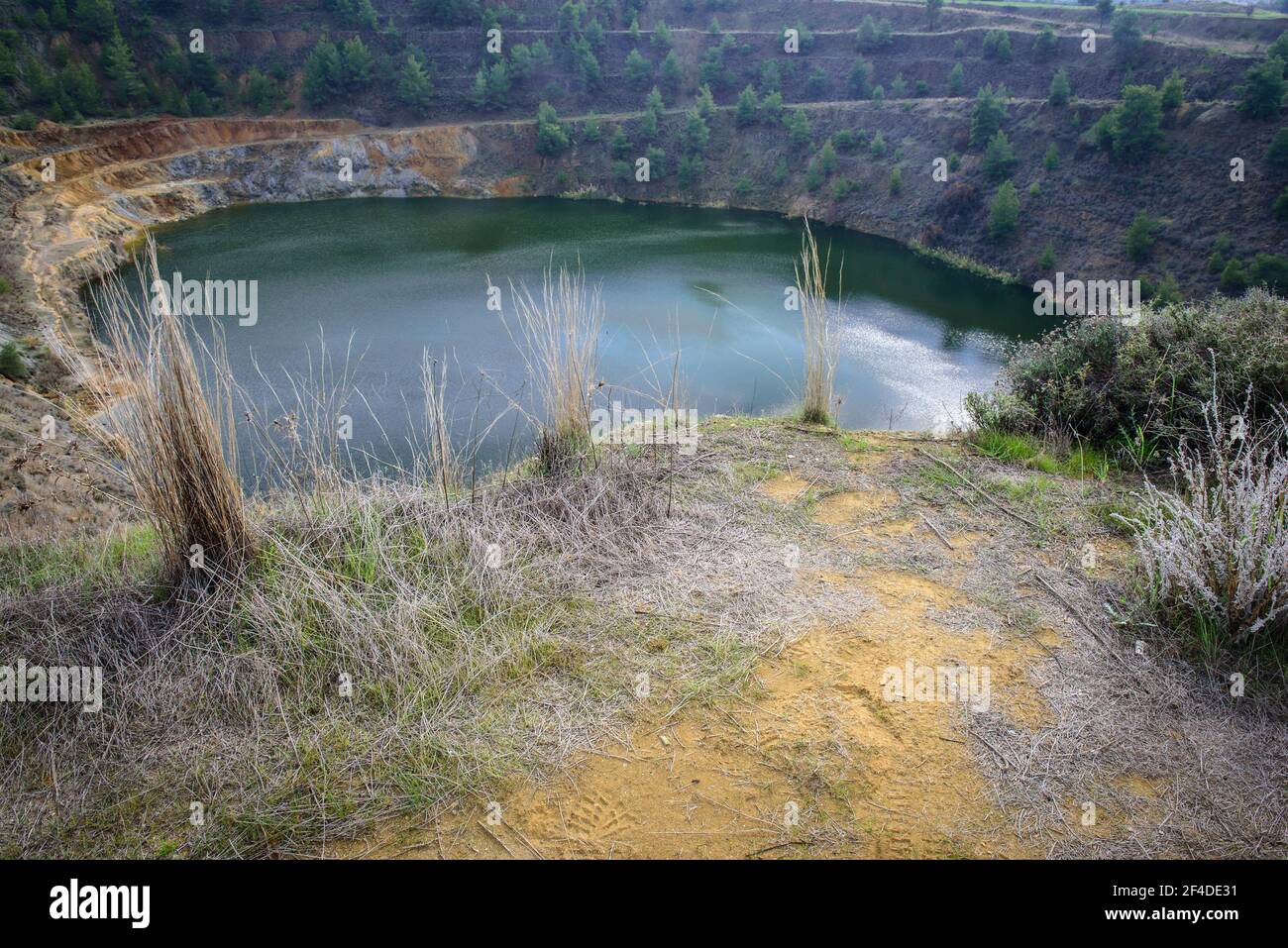 Lake in abandoned open pit mine of North Mathiatis, Cyprus. This area ...