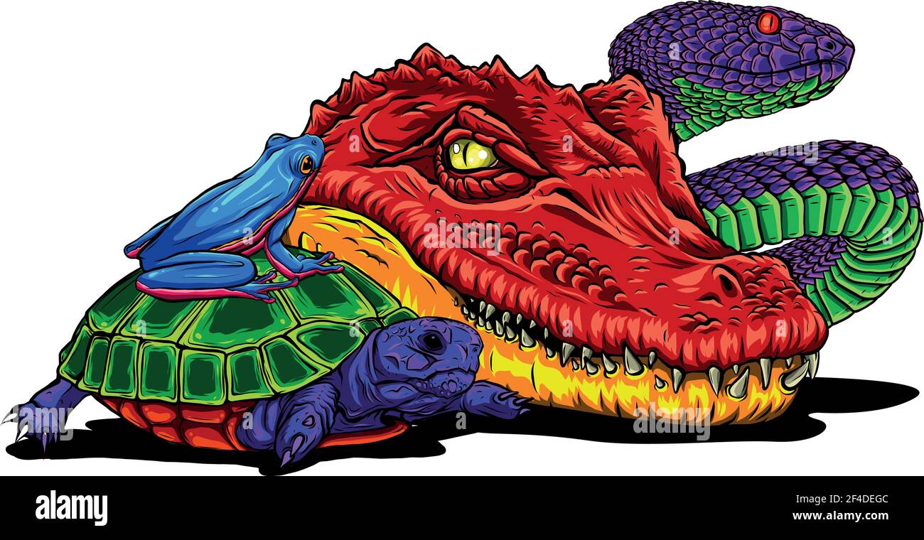 Set of reptiles and amphibians. Wild Crocodile, snake, turtle and frog ...