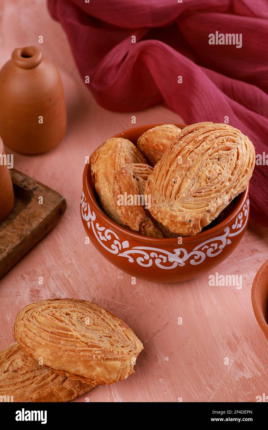 Bakery Fain Puff or Khari with Ajwain - Indian Baked Snack in a clay ...