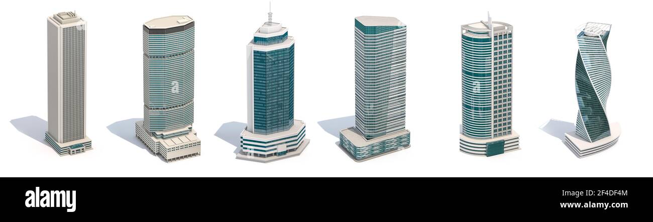 Set of different skyscraper buildings isolated on white. 3d ...