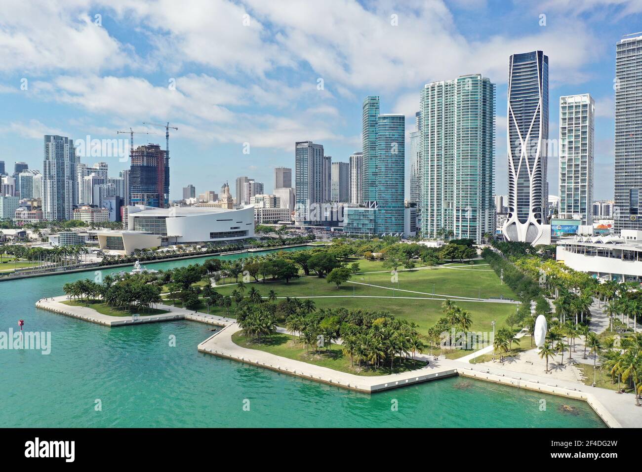 Aerial view of Museum Park and waterfront residential towers in Miami ...