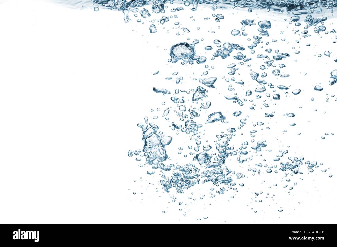 A bubble splash in transparent clear water liquid on a white background ...
