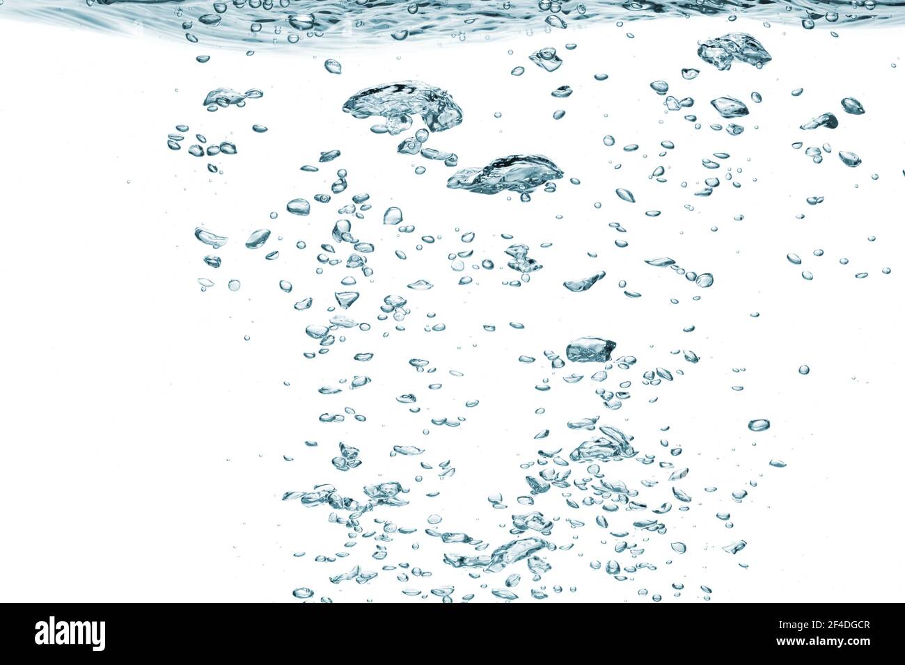 A bubble splash in transparent clear water liquid on a white background ...