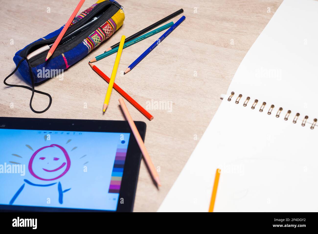 Top view of children drawing tools Stock Photo - Alamy