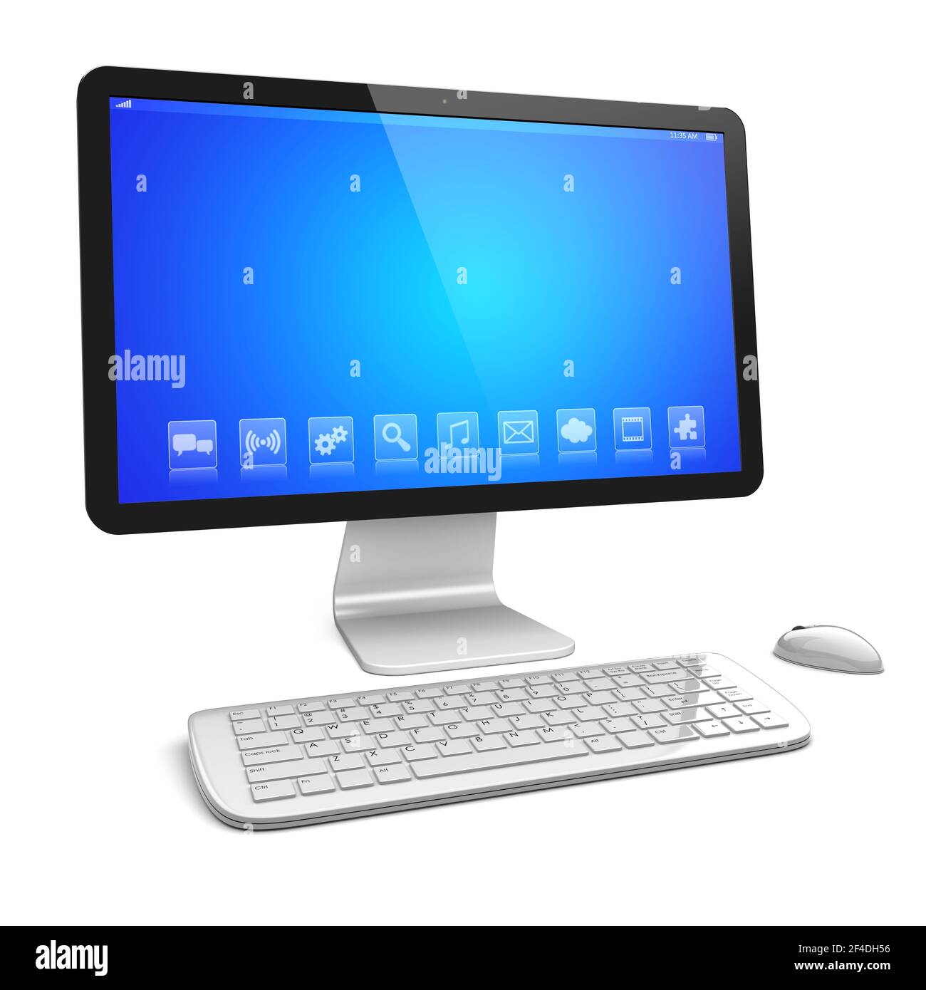 Desktop pc computer with large wide monitor with blue background and ...