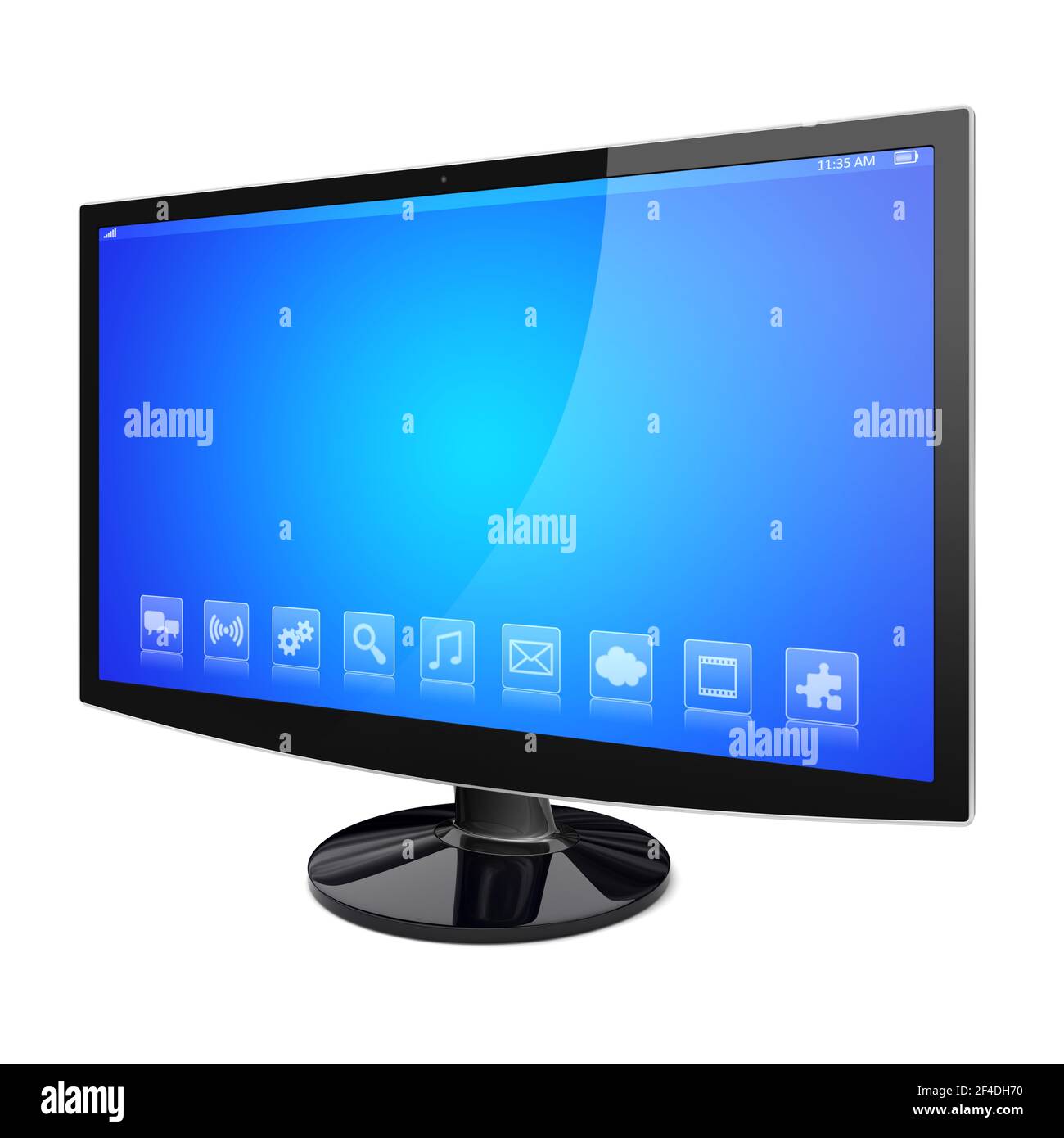 Computer pc wide monitor with a blue screen and apps Stock Photo - Alamy
