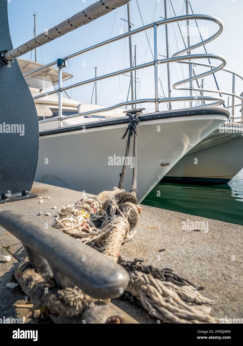 Marine rope for anchoring and docking the boat in the harbour. Sail ...