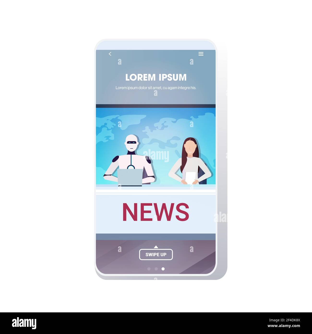 robot and woman tv presenters sitting at table in news studio ...