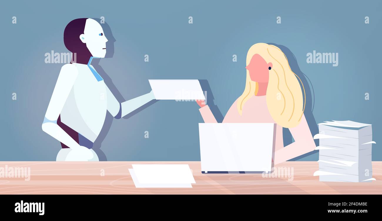 robotic boss giving documents to overworked businesswoman with paper ...