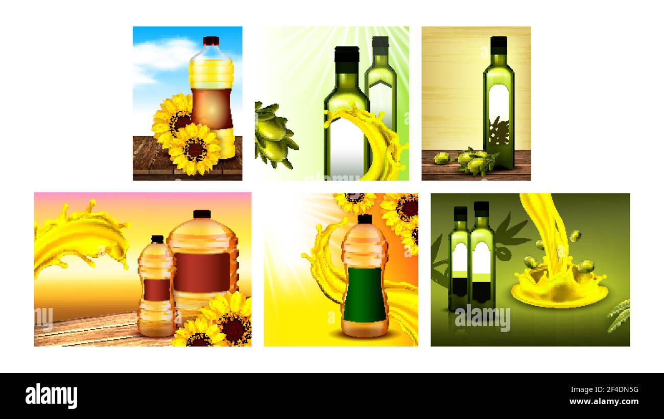Olive And Sunflower Oil Promo Posters Set Vector Stock Vector Image ...