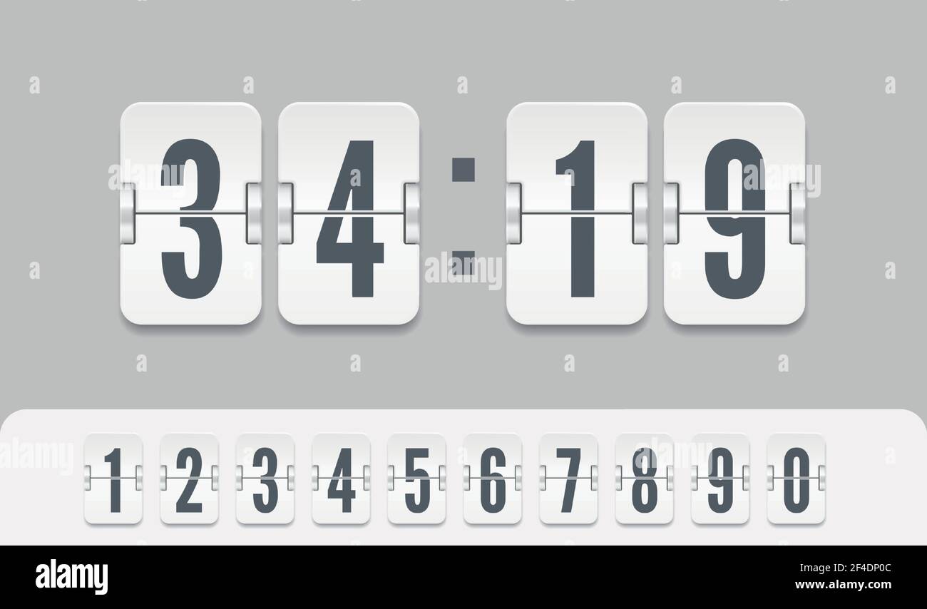 White scoreboard number font with shadows. Vector modern ui design of retro time meter with ...