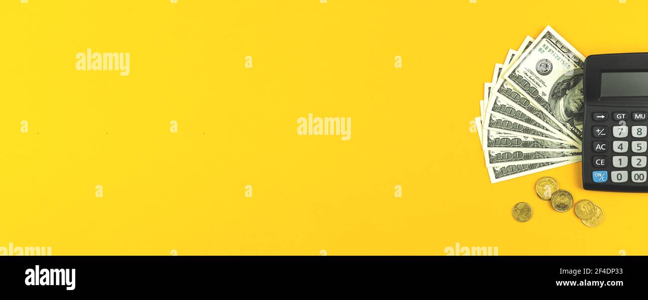 Calculator and money banner, financial concept, yellow background and ...