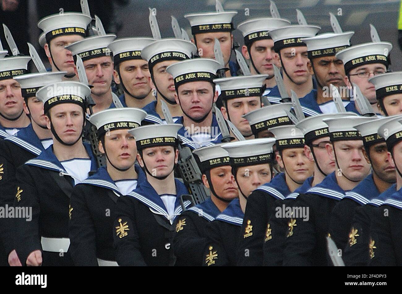 THE CREW OF HMS ARK ROYAL MARCH THROUGH THE CITY OF PORTSMOUTH TO SAY ...