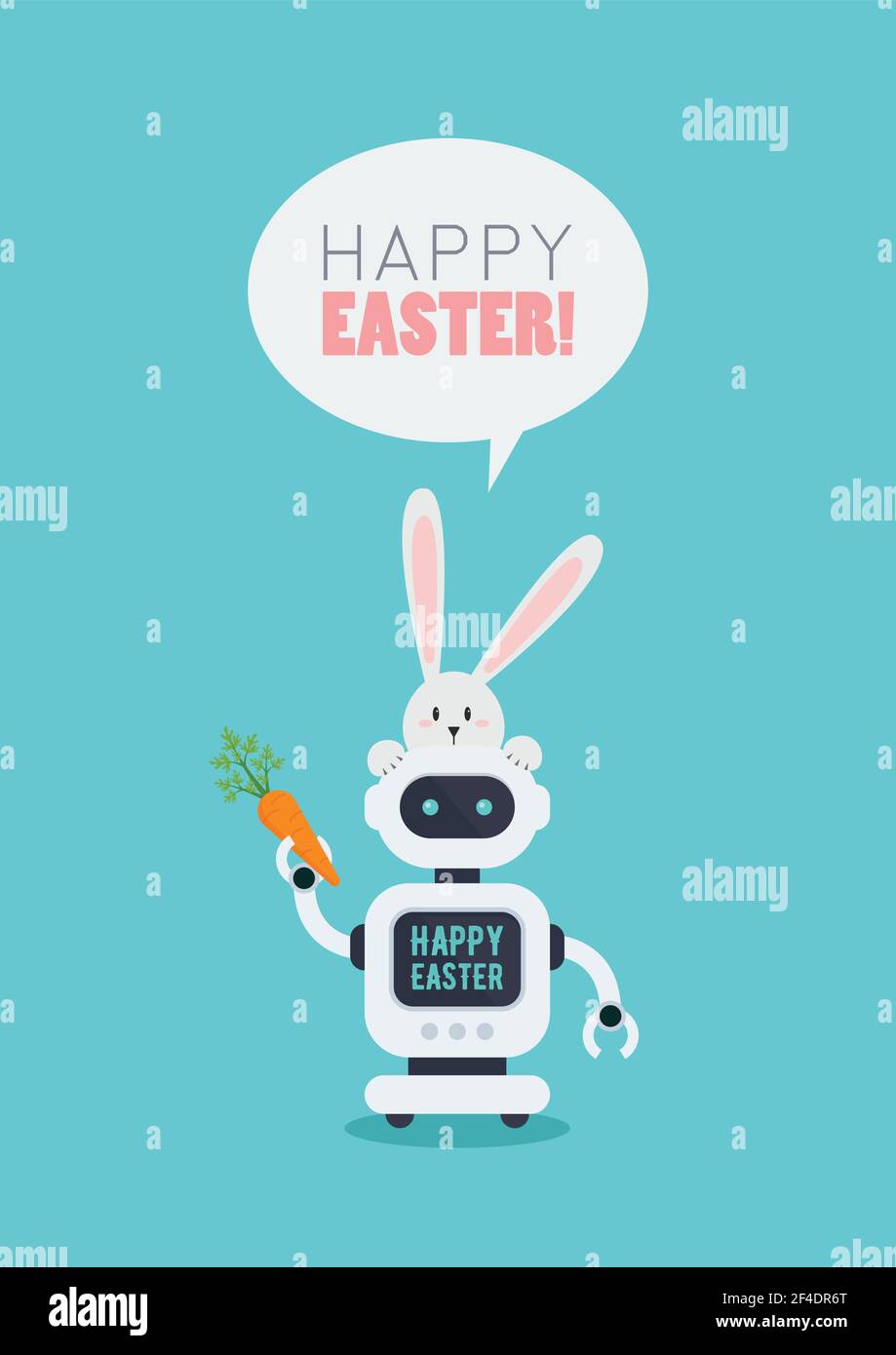 Easter Poster of rabbit with Chatbot holding carrot. Future machine ...