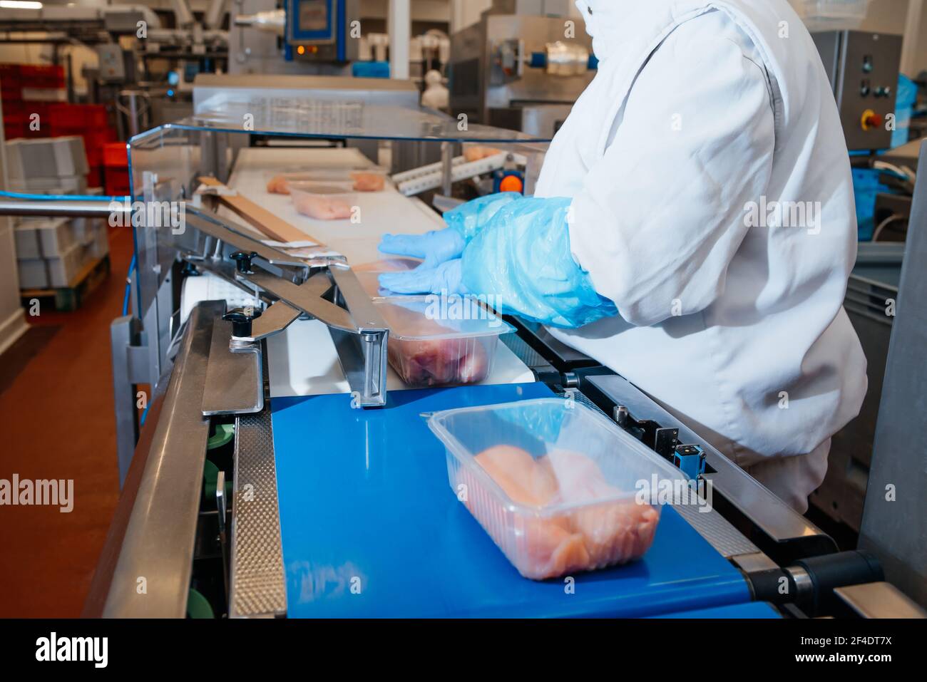 Production line with packaging and cutting of meat.Food products meat ...